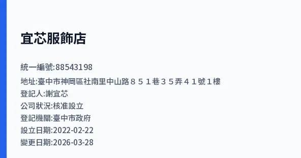 宜芯服飾店的照片-統編 88543198(臺中市) 公司登記資料與營業項目詳細圖表