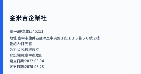 金米吉企業社的照片-統編 88545251(臺中市) 公司登記資料與營業項目詳細圖表