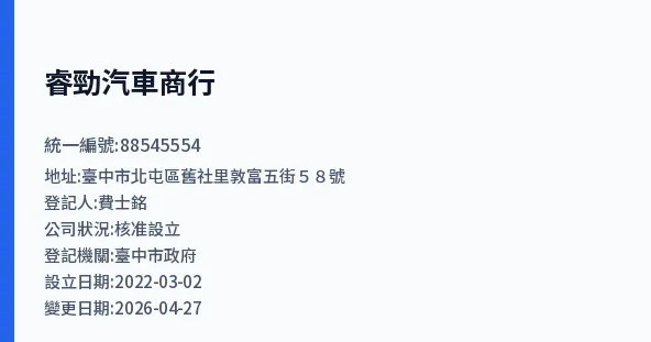 睿勁汽車商行的照片-統編 88545554(臺中市) 公司登記資料與營業項目詳細圖表