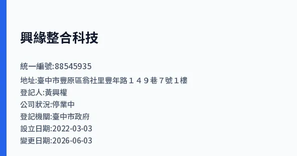 興緣整合科技的照片-統編 88545935(臺中市) 公司登記資料與營業項目詳細圖表