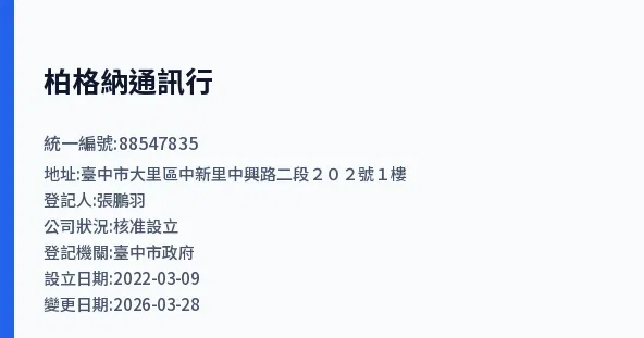柏格納通訊行的照片-統編 88547835(臺中市) 公司登記資料與營業項目詳細圖表
