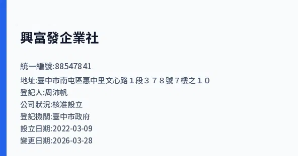 興富發企業社的照片-統編 88547841(臺中市) 公司登記資料與營業項目詳細圖表