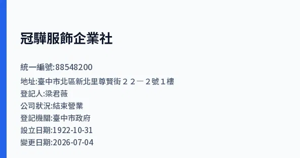冠驊服飾企業社的照片-統編 88548200(臺中市) 公司登記資料與營業項目詳細圖表