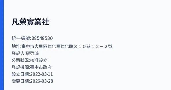 凡榮實業社的照片-統編 88548530(臺中市) 公司登記資料與營業項目詳細圖表