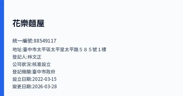花樂麵屋的照片-統編 88549117(臺中市) 公司登記資料與營業項目詳細圖表