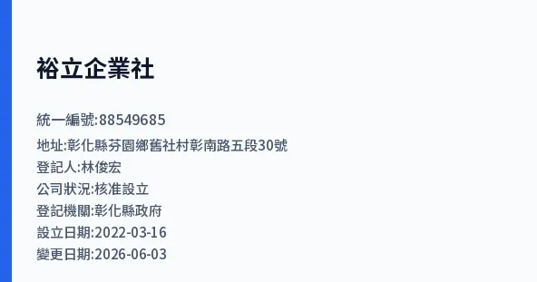 裕立企業社的照片-統編 88549685(彰化縣) 公司登記資料與營業項目詳細圖表
