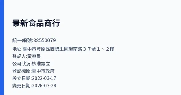 景新食品商行的照片-統編 88550079(臺中市) 公司登記資料與營業項目詳細圖表