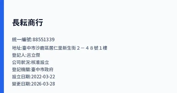 長耘商行的照片-統編 88551339(臺中市) 公司登記資料與營業項目詳細圖表