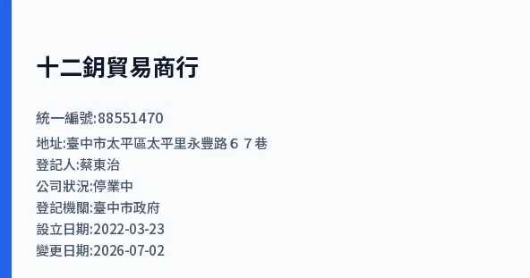 十二鈅貿易商行的照片-統編 88551470(臺中市) 公司登記資料與營業項目詳細圖表