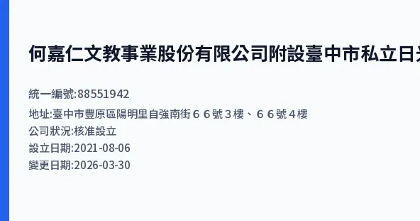 何嘉仁文教事業股份有限公司附設臺中市私立日光文理短期補習班的照片-統編 88551942(臺中市) 公司登記資料與營業項目詳細圖表