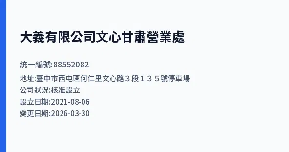 大義有限公司文心甘肅營業處的照片-統編 88552082(臺中市) 公司登記資料與營業項目詳細圖表