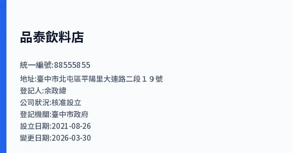 品泰飲料店的照片-統編 88555855(臺中市) 公司登記資料與營業項目詳細圖表