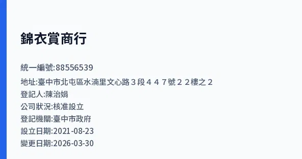錦衣賞商行的照片-統編 88556539(臺中市) 公司登記資料與營業項目詳細圖表
