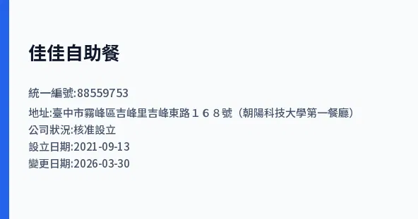 佳佳自助餐的照片-統編 88559753(臺中市) 公司登記資料與營業項目詳細圖表