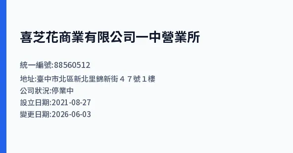 喜芝花商業有限公司一中營業所的照片-統編 88560512(臺中市) 公司登記資料與營業項目詳細圖表