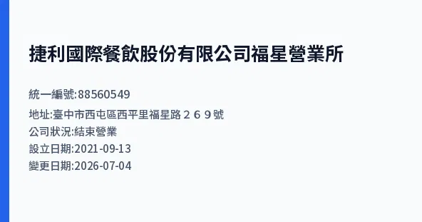 捷利國際餐飲股份有限公司福星營業所的照片-統編 88560549(臺中市) 公司登記資料與營業項目詳細圖表
