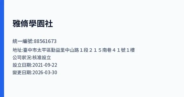 雅脩學園社的照片-統編 88561673(臺中市) 公司登記資料與營業項目詳細圖表