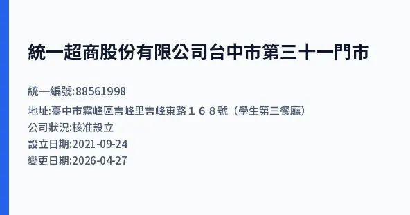 統一超商股份有限公司台中市第三十一門市的照片-統編 88561998(臺中市) 公司登記資料與營業項目詳細圖表