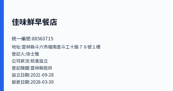 佳味鮮早餐店的照片-統編 88563715(雲林縣) 公司登記資料與營業項目詳細圖表