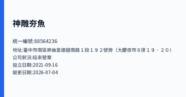 神雕夯魚的照片-統編 88564236(臺中市) 公司登記資料與營業項目詳細圖表