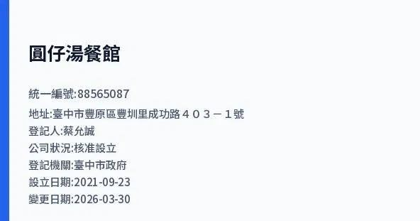 圓仔湯餐館的照片-統編 88565087(臺中市) 公司登記資料與營業項目詳細圖表
