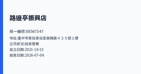 路邊亭振興店的照片-統編 88567347(臺中市) 公司登記資料與營業項目詳細圖表