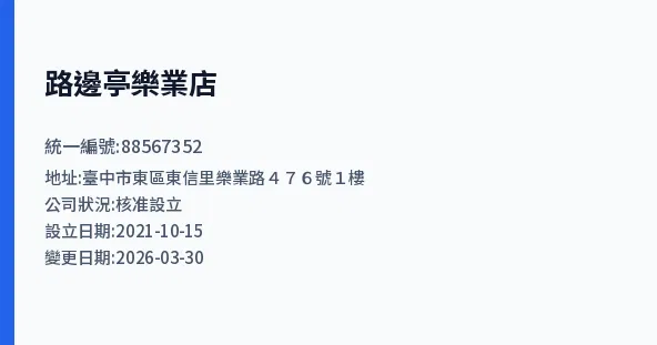 路邊亭樂業店的照片-統編 88567352(臺中市) 公司登記資料與營業項目詳細圖表