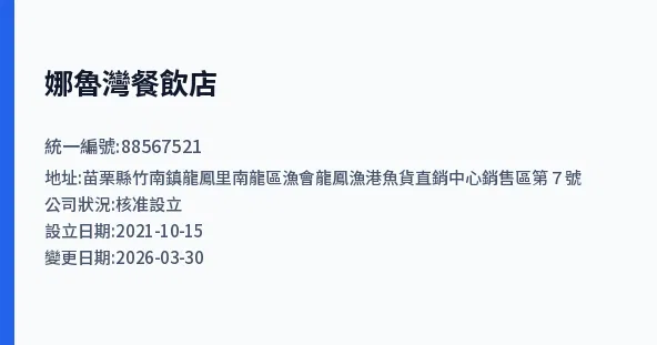 娜魯灣餐飲店的照片-統編 88567521(苗栗縣) 公司登記資料與營業項目詳細圖表