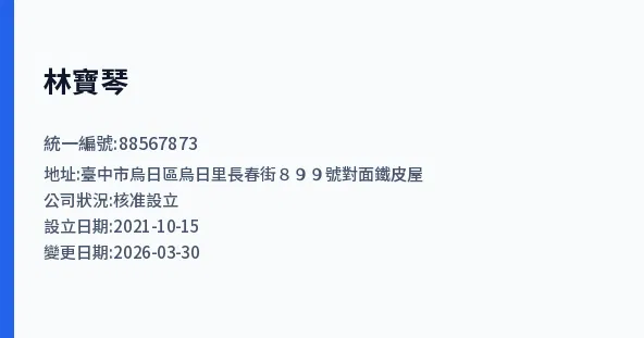林寶琴的照片-統編 88567873(臺中市) 公司登記資料與營業項目詳細圖表