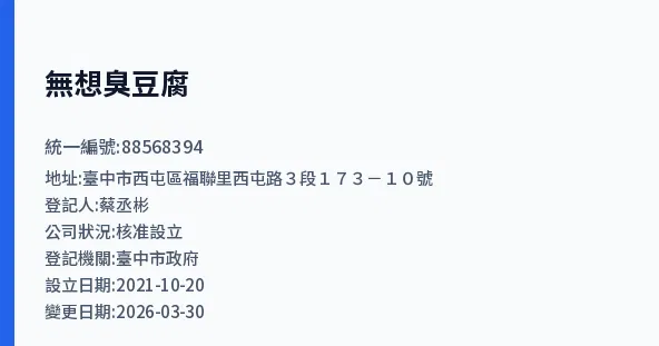 無想臭豆腐的照片-統編 88568394(臺中市) 公司登記資料與營業項目詳細圖表