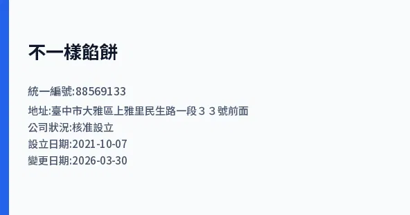 不一樣餡餅的照片-統編 88569133(臺中市) 公司登記資料與營業項目詳細圖表