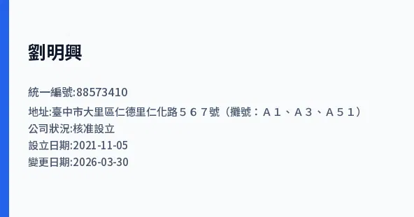 劉明興的照片-統編 88573410(臺中市) 公司登記資料與營業項目詳細圖表