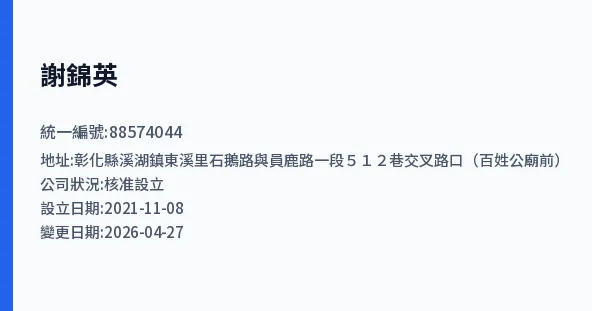 謝錦英的照片-統編 88574044(彰化縣) 公司登記資料與營業項目詳細圖表