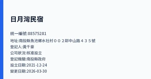 日月灣民宿的照片-統編 88575281(南投縣) 公司登記資料與營業項目詳細圖表