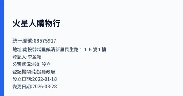 火星人購物行的照片-統編 88575917(南投縣) 公司登記資料與營業項目詳細圖表