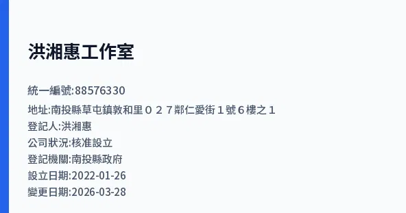 洪湘惠工作室的照片-統編 88576330(南投縣) 公司登記資料與營業項目詳細圖表