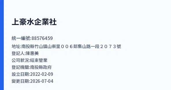 上豪水企業社的照片-統編 88576459(南投縣) 公司登記資料與營業項目詳細圖表
