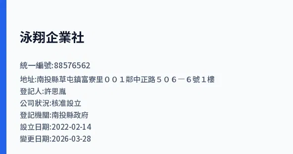 泳翔企業社的照片-統編 88576562(南投縣) 公司登記資料與營業項目詳細圖表
