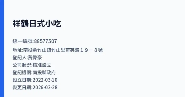 祥鶴日式小吃的照片-統編 88577507(南投縣) 公司登記資料與營業項目詳細圖表