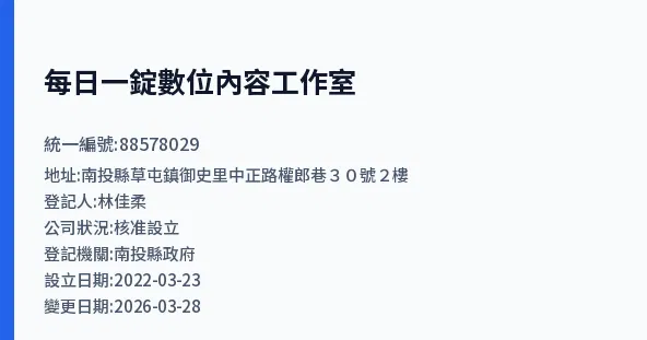 每日一錠數位內容工作室的照片-統編 88578029(南投縣) 公司登記資料與營業項目詳細圖表