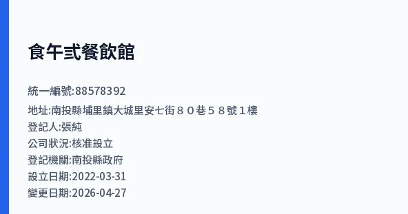 食午弎餐飲館的照片-統編 88578392(南投縣) 公司登記資料與營業項目詳細圖表