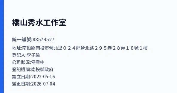 橋山秀水工作室的照片-統編 88579527(南投縣) 公司登記資料與營業項目詳細圖表