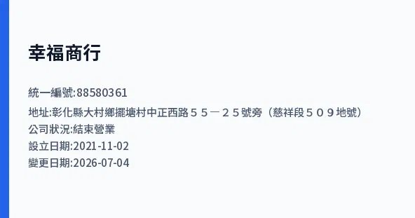 幸福商行的照片-統編 88580361(彰化縣) 公司登記資料與營業項目詳細圖表