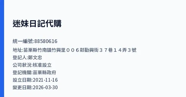 迷妹日記代購的照片-統編 88580616(苗栗縣) 公司登記資料與營業項目詳細圖表