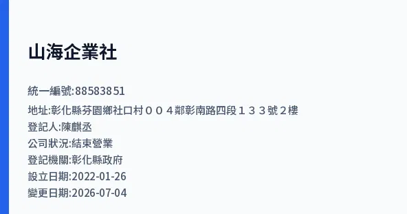 山海企業社的照片-統編 88583851(彰化縣) 公司登記資料與營業項目詳細圖表