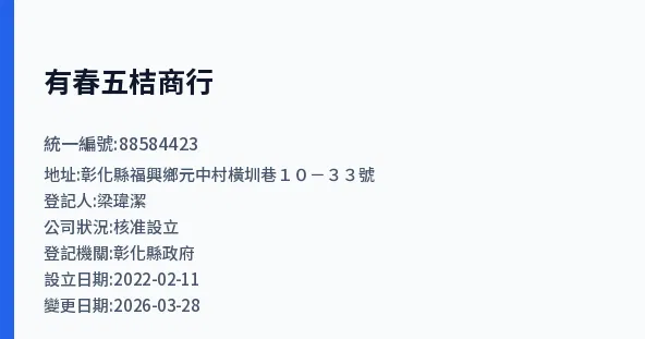 有春五桔商行的照片-統編 88584423(彰化縣) 公司登記資料與營業項目詳細圖表