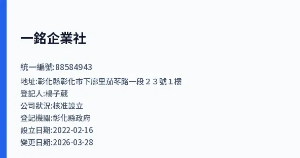 一銘企業社的照片-統編 88584943(彰化縣) 公司登記資料與營業項目詳細圖表