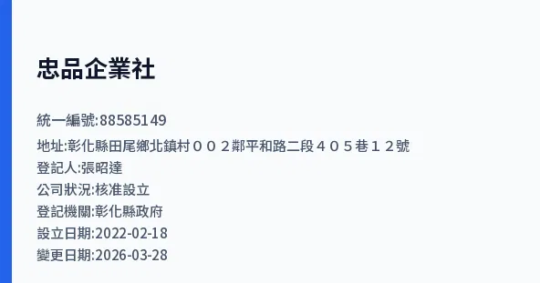 忠品企業社的照片-統編 88585149(彰化縣) 公司登記資料與營業項目詳細圖表