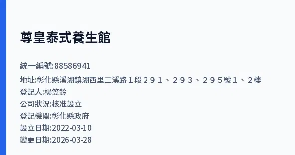 尊皇泰式養生館的照片-統編 88586941(彰化縣) 公司登記資料與營業項目詳細圖表