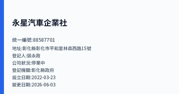 永星汽車企業社的照片-統編 88587701(彰化縣) 公司登記資料與營業項目詳細圖表